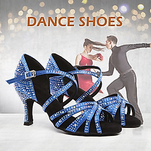 SWDZM Women's Rhinestone Dance Shoes Ballroom Latin Salsa Performance Practice Dancing Shoes,L377,Blue,Heel 3'',US 6.5