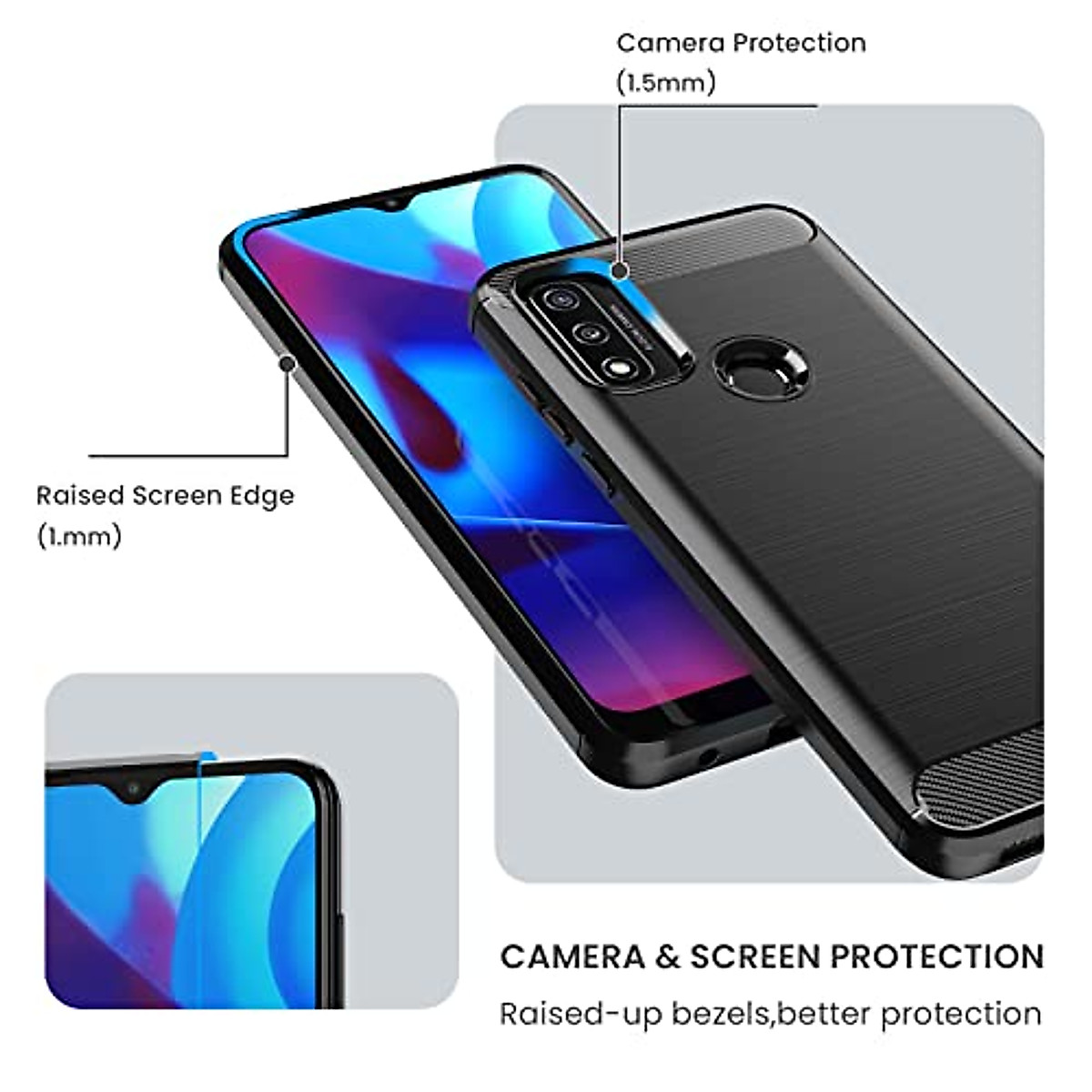 Dretal Motorola Moto G Pure Case, Shock-Absorption Carbon Fiber Cover with Tempered Glass Protector (LS-Black)