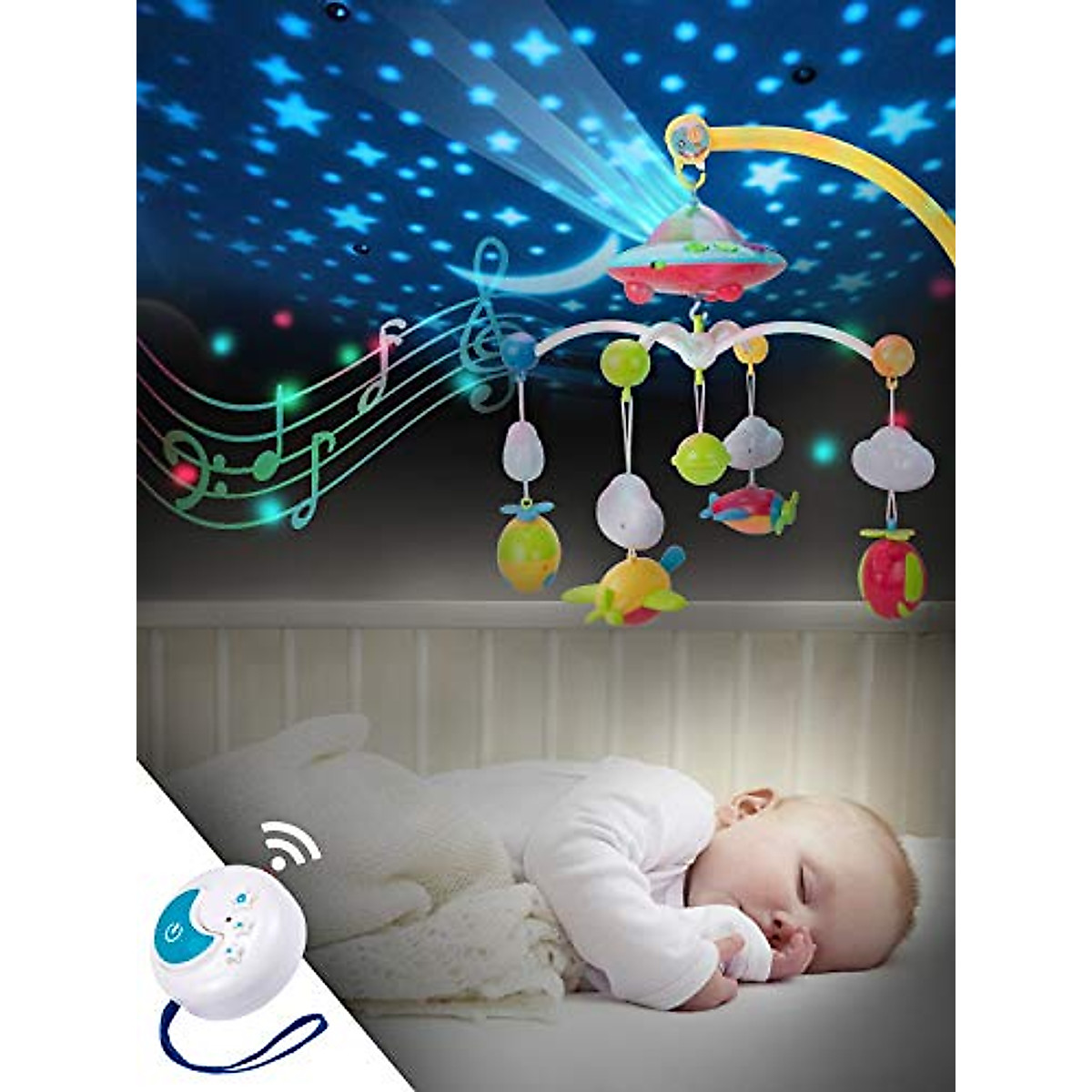 UNIH Baby Crib Mobile with Lights and Music, Moon and Stars Projection for Infants