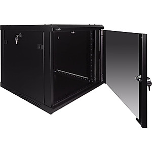NavePoint 9U Server Rack Enclosure - 23.6” Deep, 9U Wall Mount Network Cabinet with Locking Glass Door for 19” IT Equipment, 9U Network Rack with 2 Fans, Removable Side Panels, Black