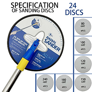 9 Inch Drywall Pole Sander,Radial Round Pole Sander for Dry Wall, Manual Hand Drywall Sander with Extension Pole&24 pcs Sanding Sheets 80, 100, 120, 150,180, 240 Grits -6 Types for Painting Projects