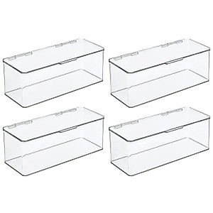 mDesign Plastic Kitchen Pantry and Fridge Storage Organizer Box Containers with Hinged Lid for Shelves or Cabinets, Holds Food, Snacks, Canned Drinks, Seasoning, Condiments, or Utensils, 4 Pack, Clear