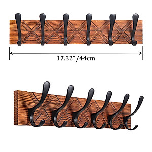 SKOLOO Coat Rack Wall Mount - Antique Wooden Carved- X Cross Coat Hook, Wall Coat Hanger with 6 Hooks for Hanging Coats, Hats, Clothing, Scarfs, Brown & Black