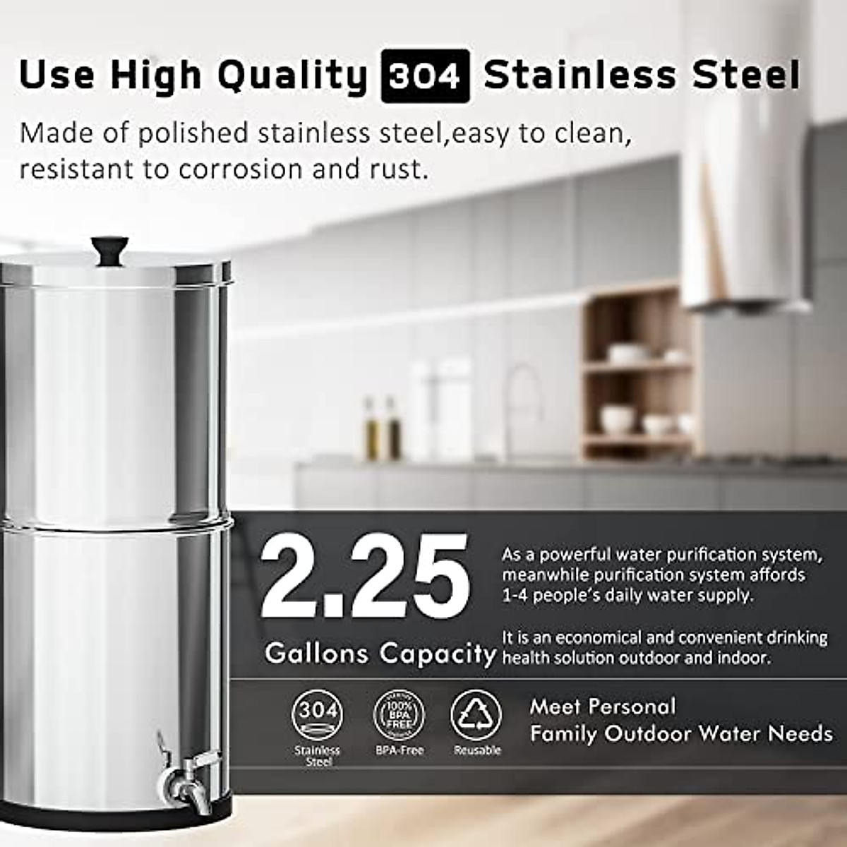 Ginkin Gravity-fed Water Filter System,with 2 Purification Filters for Home Camping Travel Outdoor Activities Emergencies,2.25-Gallon Stainless-Steel Countertop System with Stand