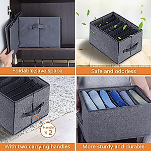 BIGLUFU 6 Packs Wardrobe Clothes Organizer for Folded Clothes, 7 Grids Foldable Dresser Closet Organizers and Storage, Drawer Organizers for Clothing with Handles for Jeans, Sweater, Dress, Grey
