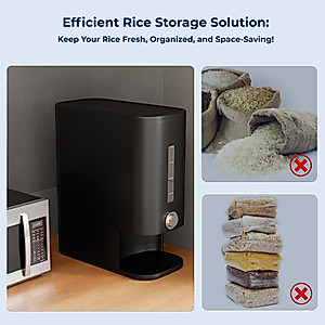 STUZ Black Rice Dispenser 25 Pounds - Plastic Rice Container with Sealable Lid, Measuring Cup & Cleaning Sponge - BPA-Free Grain Dispenser - Kitchen Pantry Storage Container for Cereal, Beans, Corn