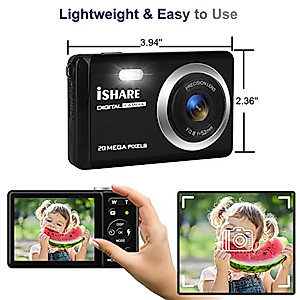 Digital Camera 1080P FHD 20MP Small Camera for Kids, with 2.8 Inch LCD Screen and 8X Digital Zoom, Rechargeable Compact Pocket Point and Shoot Camera for Girls and Boys, Teens, Beginners (Black)