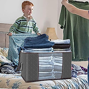 Large Storage Bags,Foldable Organizers Closet with Reinforced Handle Thick Fabric for Comforters,Clothes,Bedding，Blankets,with Double Sturdy Zipper, Clear Window,90L,Grey - 4Pack