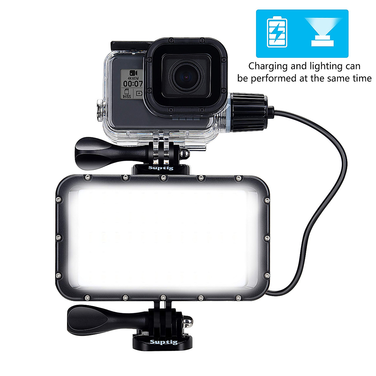 Suptig 60 LED Video Light with 5200mAh Portable Charger Portable Lighting Compatible for Gopro Hero 12, Hero 11/10/9/8/7/6/5/4/3/3+/Gopro Max, Fusion, DJI osmo Insta 360 ace pro, Waterproof 164ft