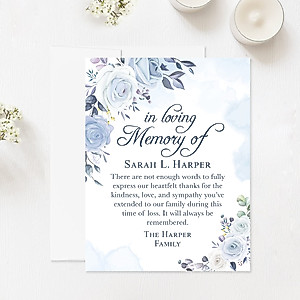 Hello Love Goods Light Blue and White Floral In Loving Memory Funeral Thank You Cards, Personalized Sympathy Acknowledgement Cards, 4.25x5.5 Flat Bereavement Notes with Envelopes