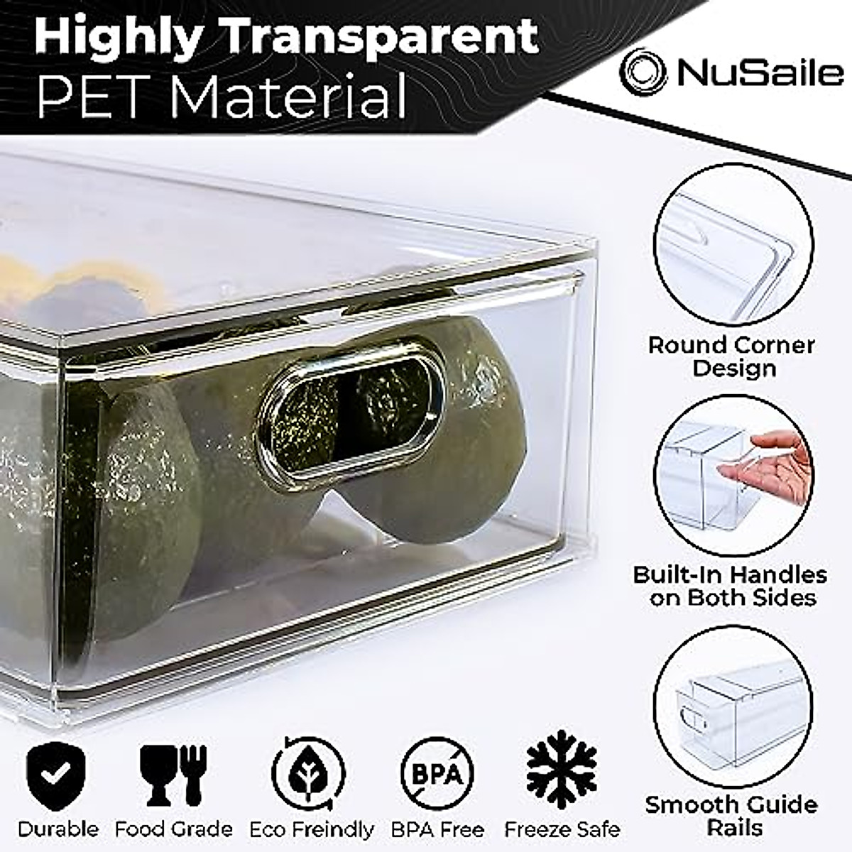 NuSaile Stackable Refrigerator Organizer Bins Pull Out Drawers with Handles - Vegetable and Fruit Storage Containers for Fridge - Kitchen Food Storage Bins - 9L+6L with Dividers+3L+3L (4 PC Set)