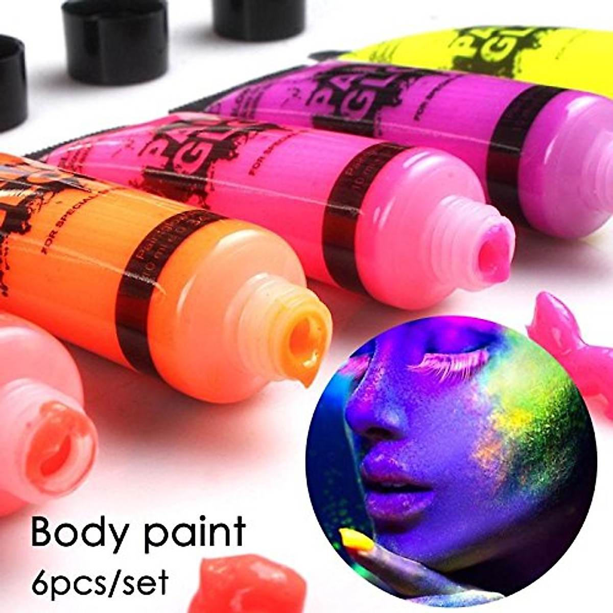 Amareu Glow in Dark Body Paint Body&Face Glow Backlight Neon Fluorescent 0.34oz Set of 6 Tubes
