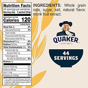 Quaker Instant Oatmeal Lower Sugar, Maple & Brown Sugar, 1.19 Oz, Pack of 44
