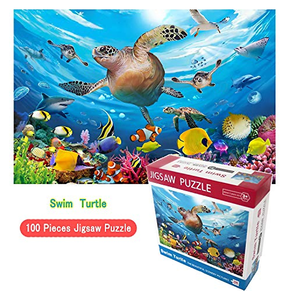 Koyiwa 100 Pieces Jigsaw Puzzle for Kids Age 4-8 Sea Turtle Swimming Fantastic Seaworld Educational Puzzle Toys for Toddler Children Boys and Girls (15 x 10 inch)