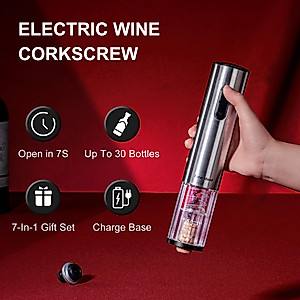 Electric Wine Opener Set, Roter Mond Automatic Wine Bottle Opener with Charging Base, 7-in-1 Wine Present with Wine Aerator Pourer Electric Vacuum Pump with 2 Stoppers Wine Foil Cutter for Home Party
