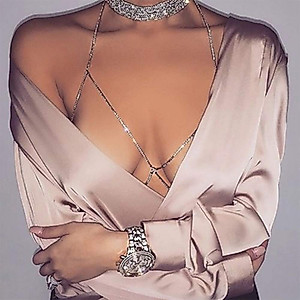 Aimimier Rhinestone Body Chain Bra Summer Beach Bikini Waist Chain Chest Belly Chain Crystal Sexy Body Jewelry for Women and Girls (Silver)