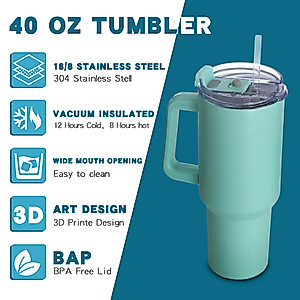 Gome 40 oz Tumbler with Handle - Stainless Steel Cup with Straw - Insulated Coffee Mug with Lid - Daisy Birthday Gifts for Women - Hand Wash Only Eucalyptus Green