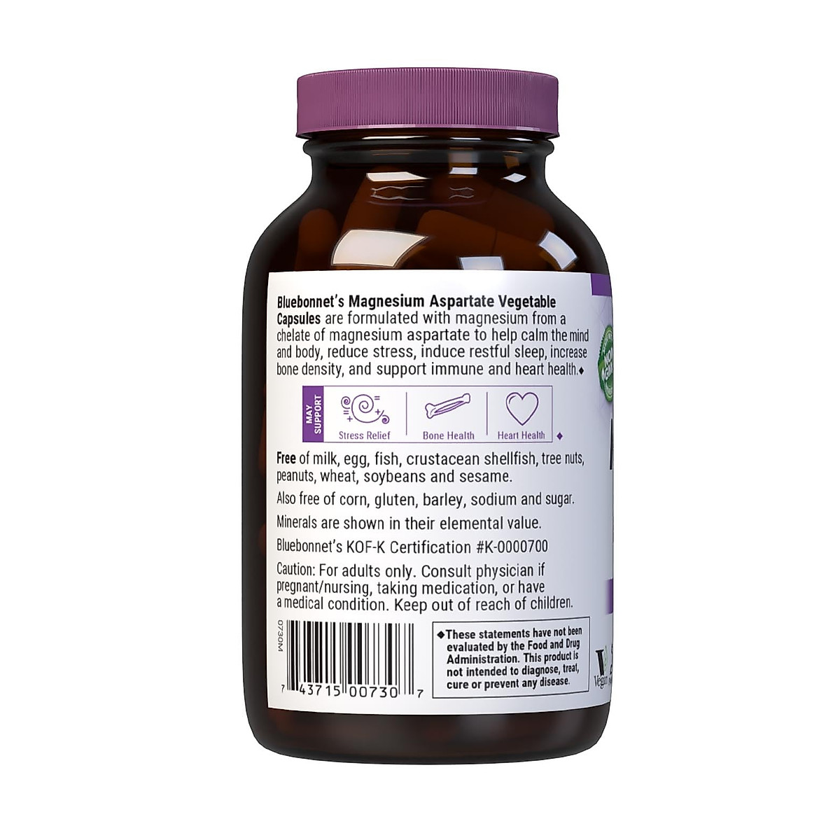 Bluebonnet Nutrition Magnesium 400 mg Chelated Magnesium Aspartate Daily Mineral, Heart & Bone Support* Supplement for Men & Women Vegan, Non-GMO - 100 Vegetable Capsules