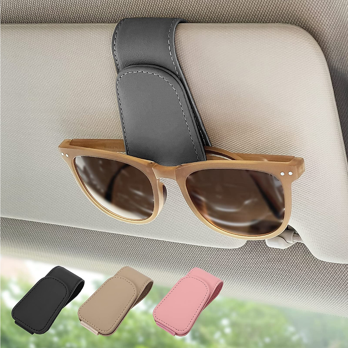 Ompellus Magnetic Leather Sunglass Holder, Eyeglass Hanger Clip for Car Sun Visor, Suitable for Different Size Eyeglasses(Gray, 1 Pack)