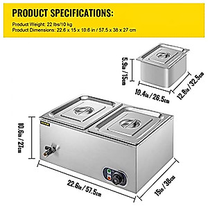 Commercial Food Warmer 850W Electric Steam Table 17 Qt Bain Marie - Stainless Steel for Buffet Catering