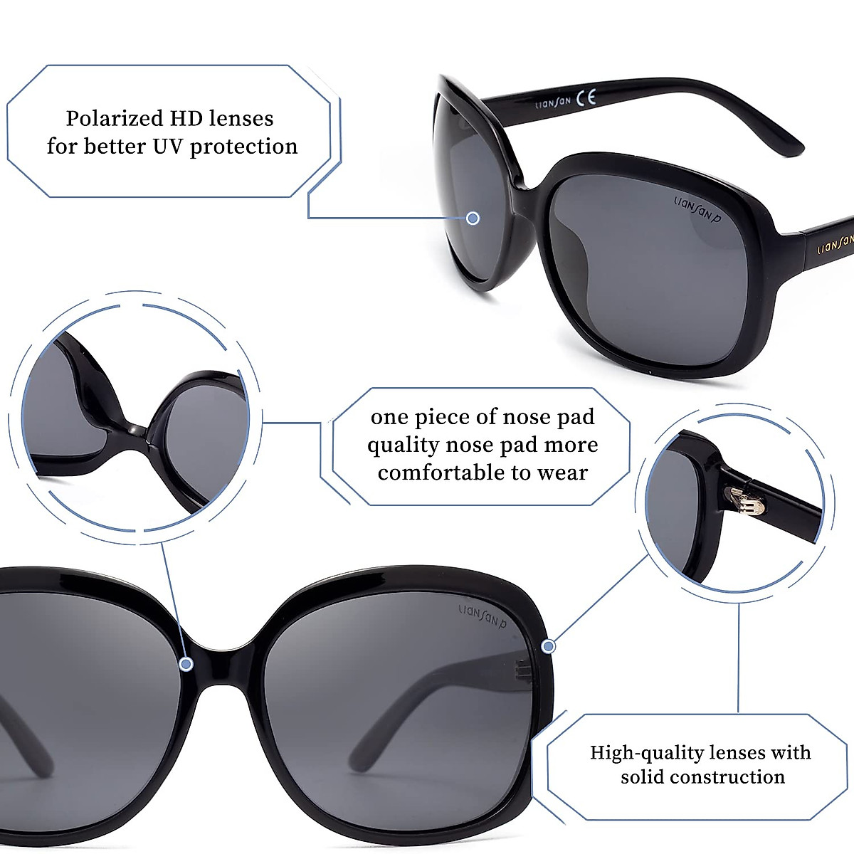 LianSan Oversized Womens Sunglasses Polarized uv Protection Simple Sunglasses LSP301 (polarized black)