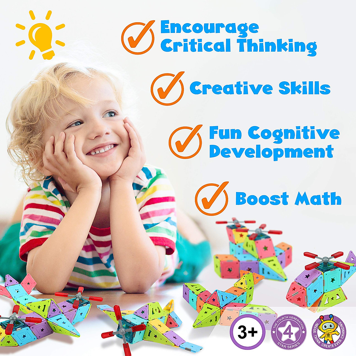 Magnetic Building Blocks For Kids - Preschool Learning Toys Shapes Block Educational Magnet Tiles Kids Toy Set - Durable Non-Toxic Magnetic Blocks For Toddlers 6 Months & Up - Hurtle HURBT74 (74 pcs)