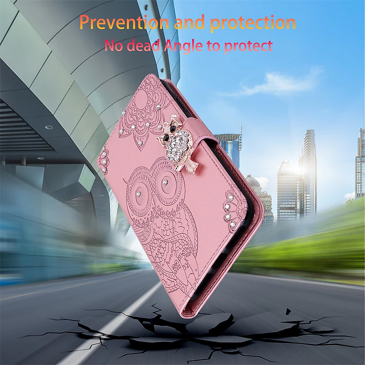 Ephoou Compatible with Apple iPhone 15 Flip Glitter Wallet Case for Women, Pu Leather with Card Slots Crystal Diamond Owl Embossing Shockproof Cover Case for iPhone 15 MTY-Rose Gold