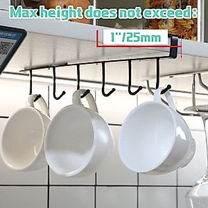 12 Pack 6 Hooks Utensil Racks Under Cabinet Black Hanging Mug Organizer Coffee Cup Under Shelf Home Storage Mug Holder and 12 Pcs Adhesive with Screws for Kitchen Utensil Under Cabinet Mug