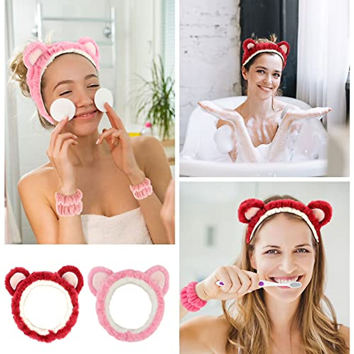 AMCAMI 6 Pcs Spa Headband Face Wash Headband and Wristband Set, Girls' Cute Bear Ears Headband Plush Animal Makeup Skincare Headbands with Face Washing Wristband for Women