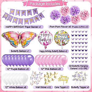 Iysoll Butterfly Birthday Party Decorations Supplies pink and purple butterfly decorations for girls Happy Birthday Banner Paper Pom Poms Foil Balloons 3D Butterfly Wall Decor Butterfly Garland