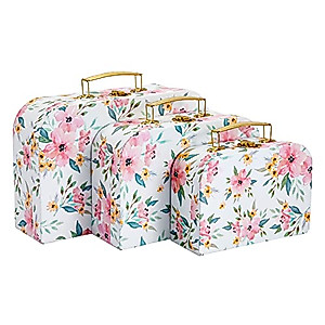 Okuna Outpost Set of 3 Different Sizes of Paperboard Suitcases with Metal Handles, Floral Print Decorative Cardboard Storage Boxes (Floral Print)