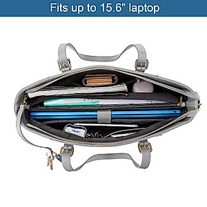 LOVEVOOK Laptop Bag for Women, Structured Leather Computer Bag, Professional Work Tote Purse, Teacher/Attorney’s Choice, Light-Grey