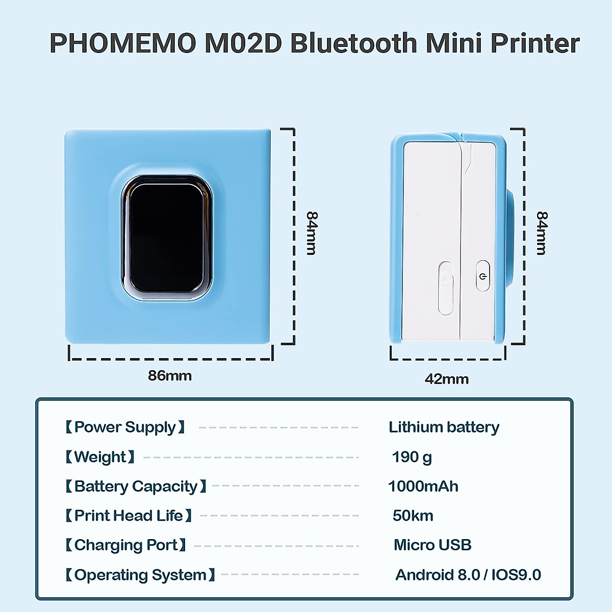 PokeLabel Portable Mini Sticker Printer, M02D Portable Wireless Printer with 1 Roll Paper, Compatible with iOS Android, Pocket Printer for Small Business, Bullet Journal, Work Plans, Memos