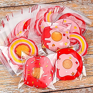 Konsait 100Count Donuts Cookie Candy Treat Bags Self-Adhesive Sweets Biscuit Dessert Bags Plastic Bags Packaging Donuts Cellophane Gift Goody Bags for Children's Day Party Favors Supplies