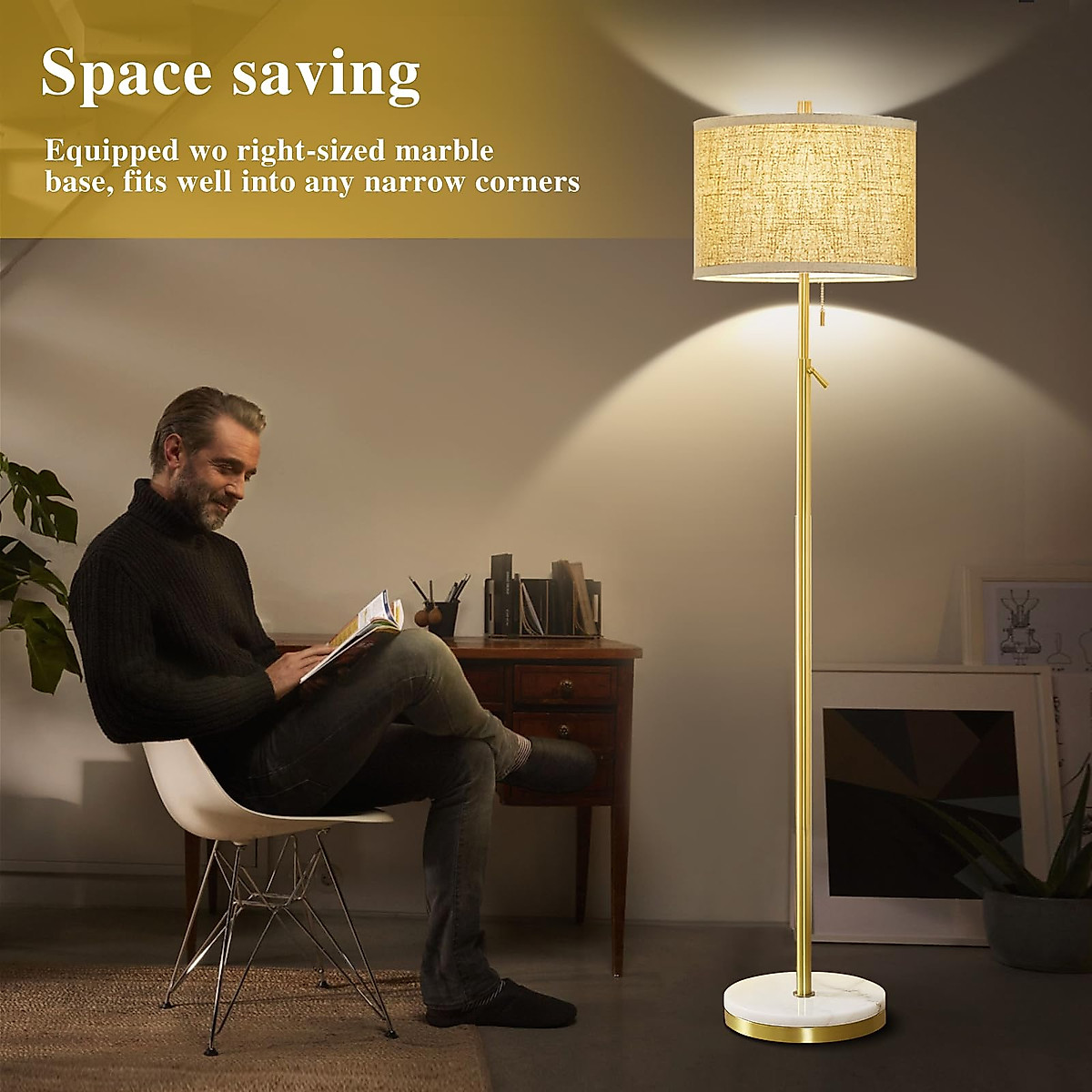 GyroVu Marble Floor Lamp, Adjustable Height Standing Lamp with Marble Base Tall Lamp with Pull Chain Switch Floor Lamps for Living Room, Bedroom & Office Bulbs Not Included(Gold)