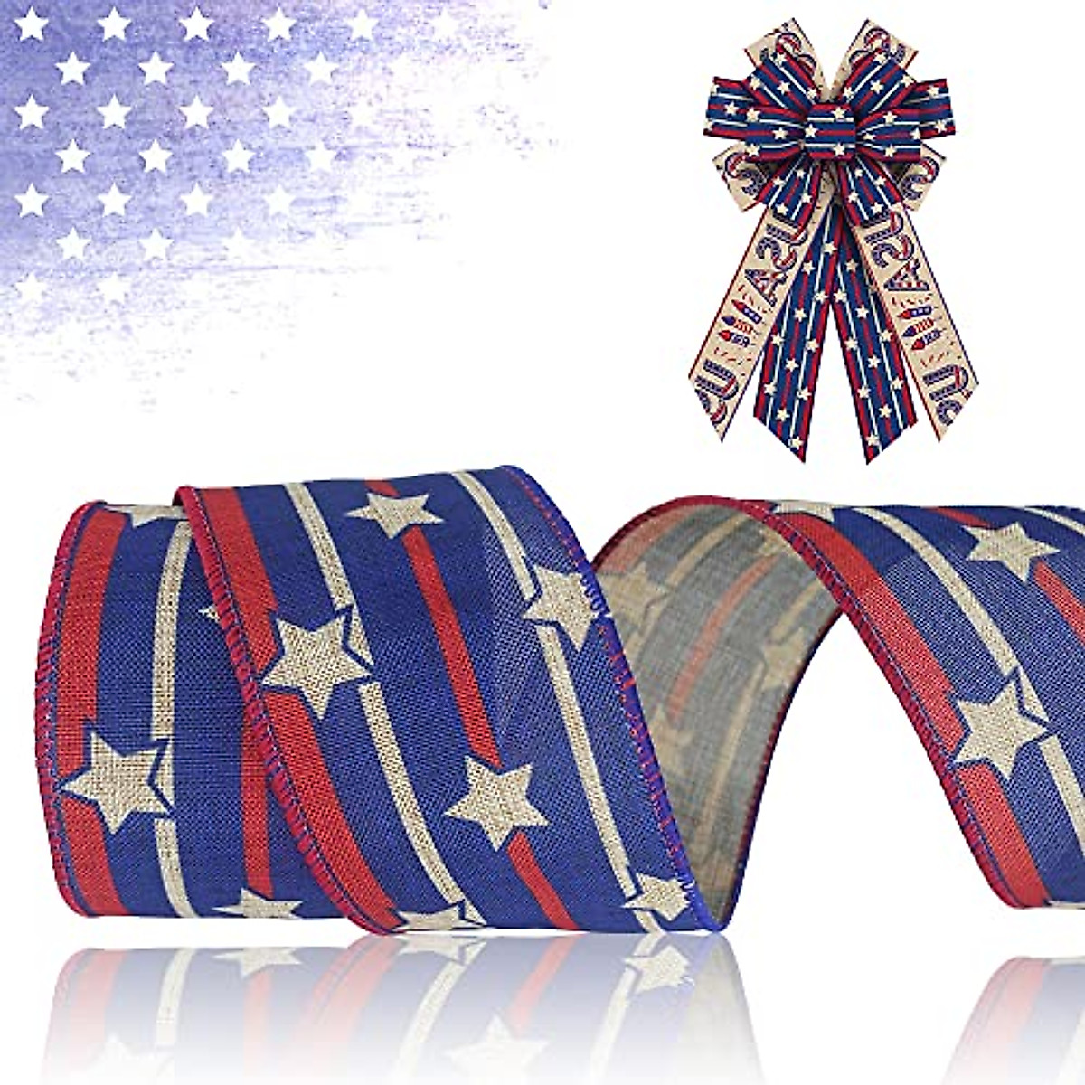 Estivaux 4th of July Ribbons for Crafting, 2.5 Inch ×10 Yard Patriotic Wired Edge Ribbon Blue Natural Burlap Ribbons American Stars Craft Ribbon Bows for Gift Wrapping Independence Day Decorations