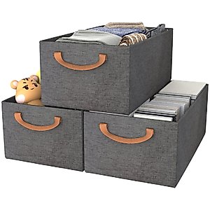 organizer box metal frame storage bins, rectangle storage baskets for closet.collapsible fabric storage baskets with handles.Stackable wardrobe storage boxes for clothes toys,grey-3 Pcs
