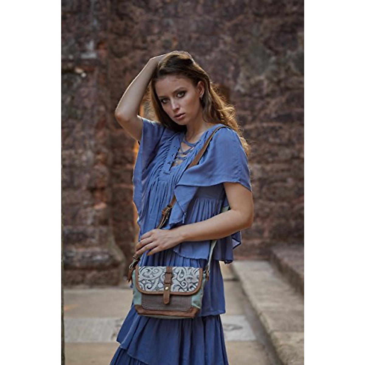 Myra Bag Leaf Swirls Upcycled Canvas Crossbody Bag S-1153, Brown, Size One Size