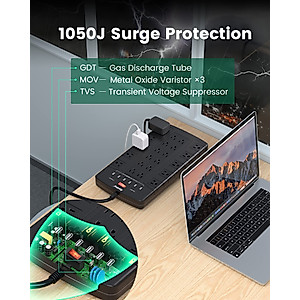 Surge Protector Power Strip with USB, SUPERDANNY Extension Cord with 22 Outlets & 6 USB, 1875W/15A, 1050J Surge Protection, 6.5Ft Flat Plug Power Cord, for Home Office Dorm Workshop, Black