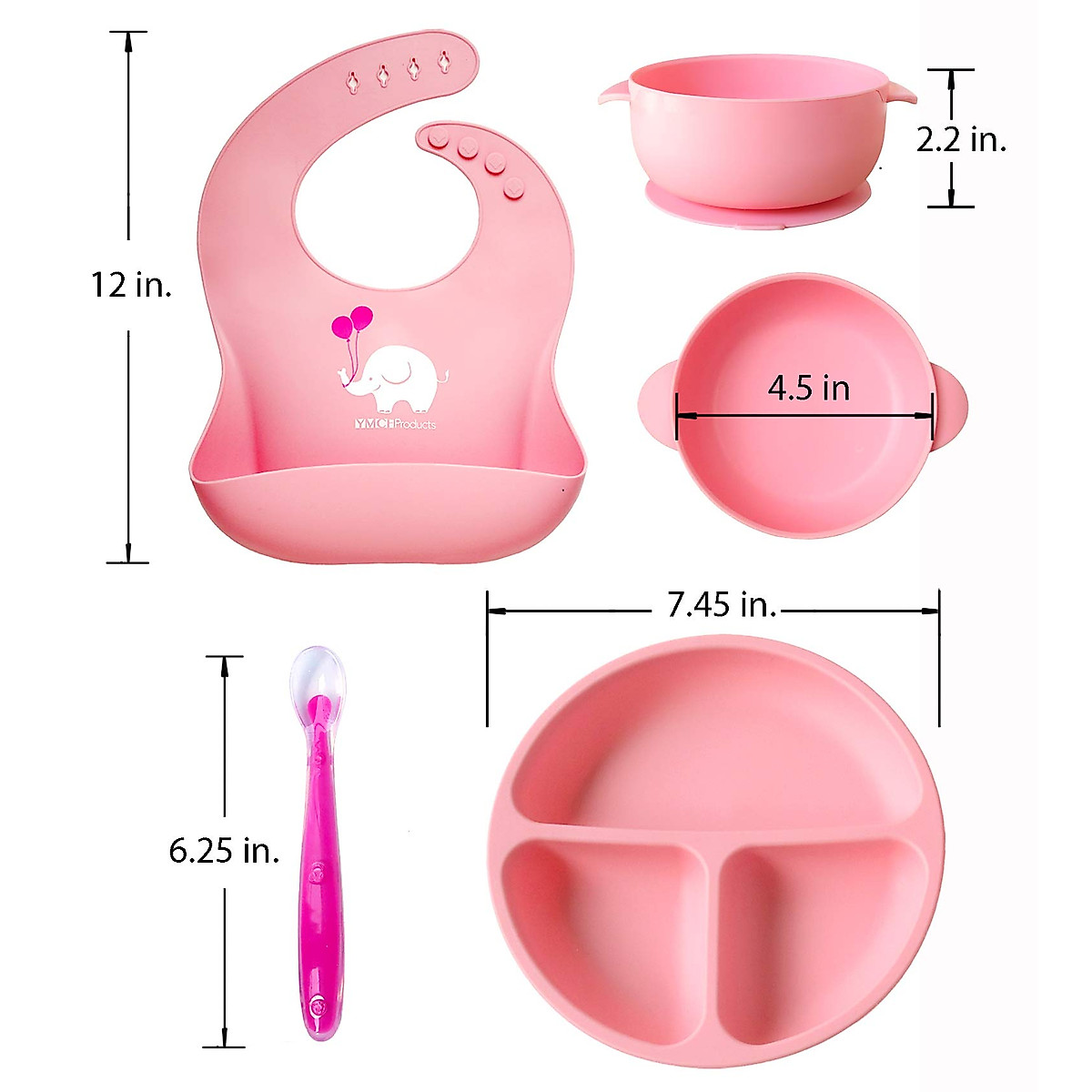 YMCF Products Baby or Toddler Feeding Set | Silicone Bib, Divided Plates, Suction Bowls & Spoons, Dishwasher-Safe, Easy-Wipe Cleaning (Pink)