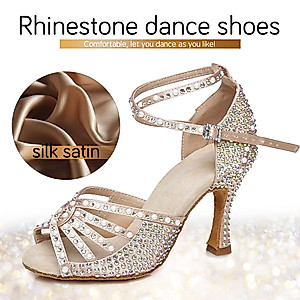 JUODVMP Women's Latin Dance Shoes Rhinestones Satin Ballroom Dance Shoes Salsa Professional Dance Shoes,Model 430,3 inch Heel,Nude,7 US