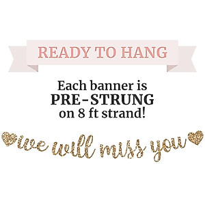 Pre-Strung We Will Miss You Banner - NO DIY - Gold Glitter Going Away, Retirement Banner in Script - Pre-Strung on 8 ft Strand - Farewell Graduation Party Decorations for Men & Women. Did we mention