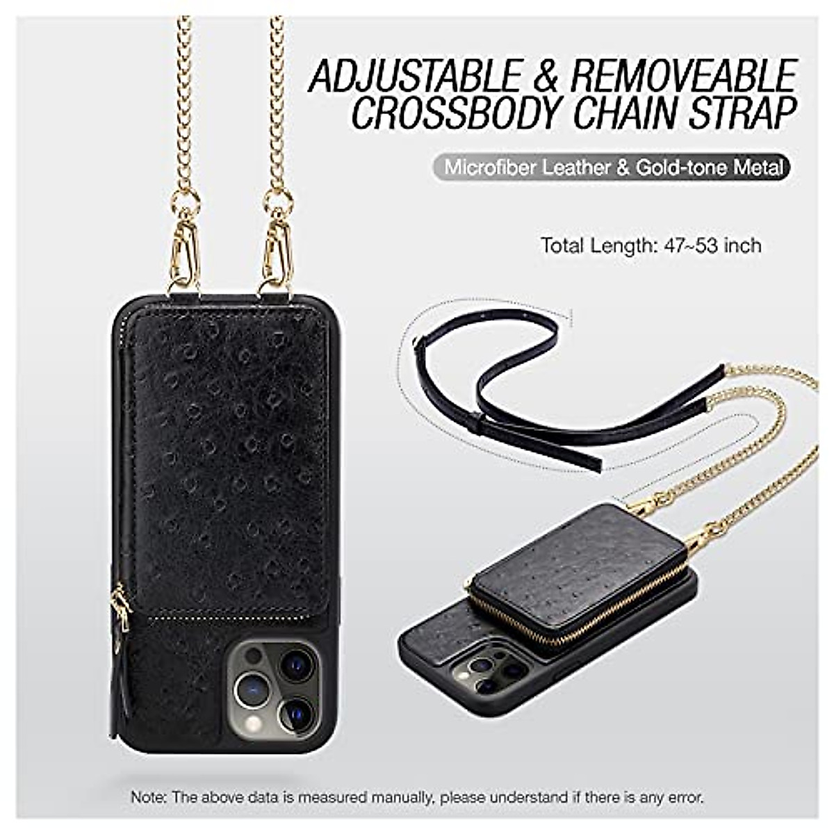 ZVEdeng Crossbody Case for iPhone 12 Pro Max, Zipper Wallet Case Card Holder Crossbody Chain Strap Leather Handbag Purse Case for Women Shockproof Case for iPhone 12 Pro Max 6.7'' Ostrich Skin Black
