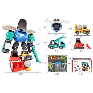 ThinkMax Transform Toys for 3 4 5 6 7 8 Year Old Boys, Robot Toys for Kids 3-5 5-7, 4 Magnetic Construction Trucks Vehicles w/Play Mat, Birthday Gift for Boy, 32 Pieces