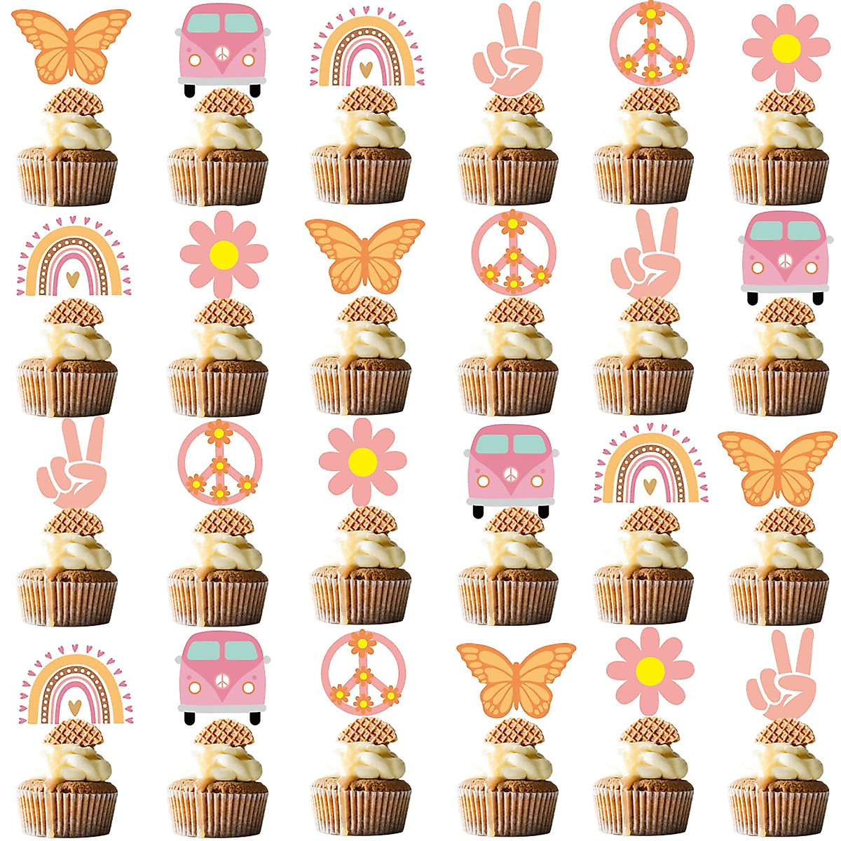 48Pcs Hippie Party Cupcake Toppers for Two Groovy Birthday Party Decorations Boho Rainbow Party Supplies
