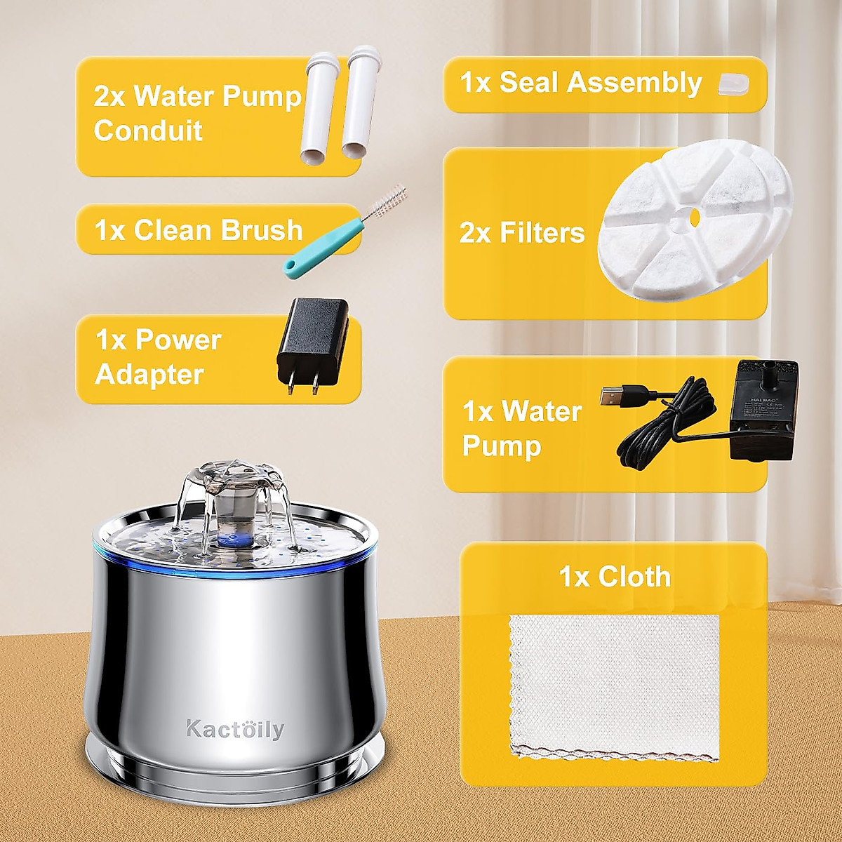 Kactoily Cat Water Fountain Stainless Steel, 2.5L/84oz Automatic Pet Water Fountain Ultra-Quiet Pump and 2 Filters, Cat Fountain for Drinking with LED Light, BPA-Free