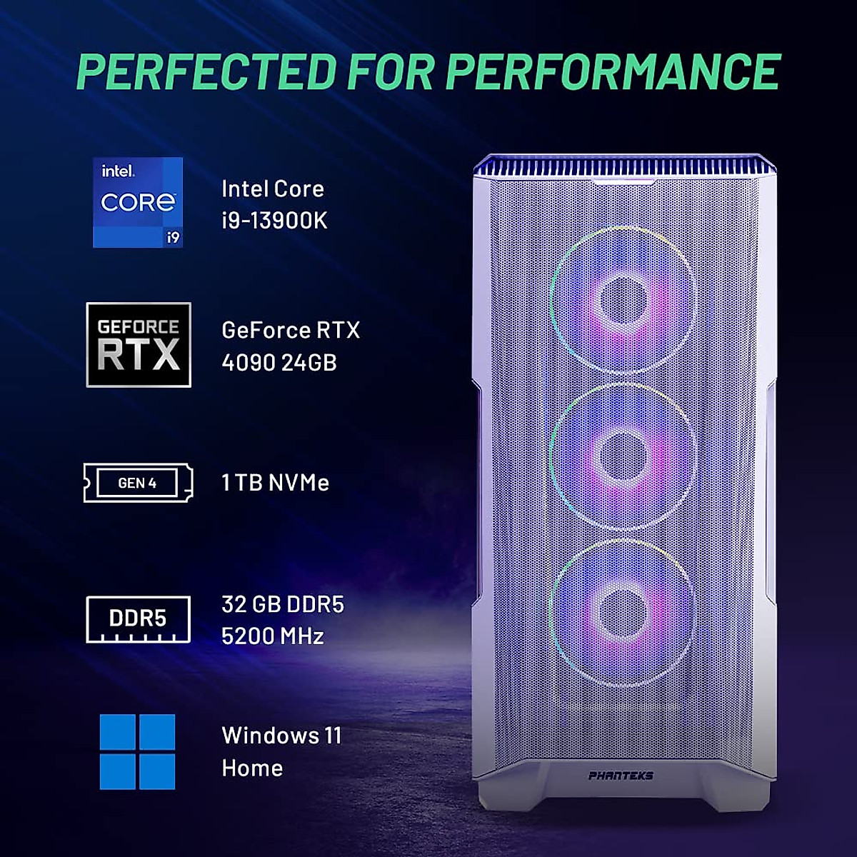 Skytech Pro Eclipse Gaming PC Desktop - Intel Core i9 13900K 3.0 GHz, NVIDIA RTX 4090 24GB, 1TB NVME Gen4 SSD, 32GB DDR5 RAM, 420mm All-in-One Liquid Cooler, Windows 11
