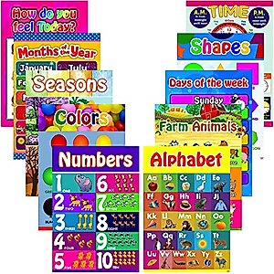 L&O Goods 10-Pack Large Educational Posters for Preschoolers, Toddlers, Kids, Kindergarten Classrooms | Fun Early Learning for Alphabet Letters, Numbers, Shapes, Colors, Seasons, Emotions, Days, Months, & More
