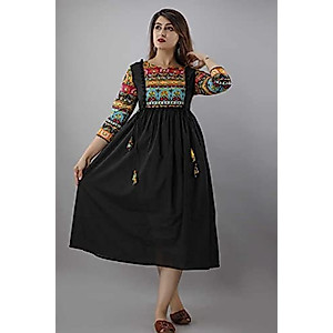 Women's Rayon Floral Printed Anarkali Kurti With Tassels (Black-Medium/38)