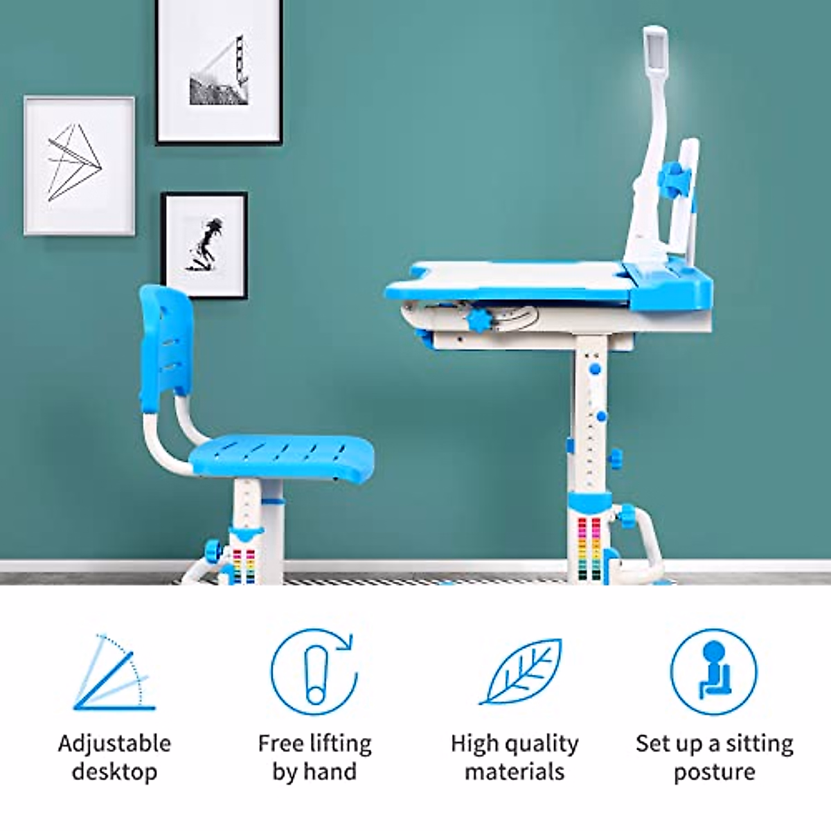 UNICOO Adjustable Kids Desk & Chair Set with LED Lamp, Premium Quality, Crank Height Adjustable Study Desk, Tilt Desktop, Spacious Storage Drawer, New Anti-tip Designed Bookstand & Safe Chair